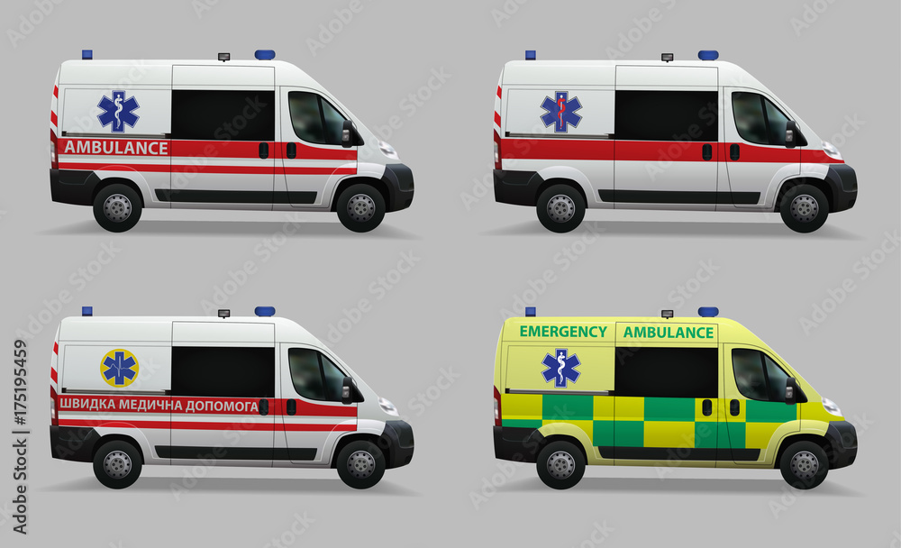 Emergency ambulance set. Special medical vehicles. Design of different ...
