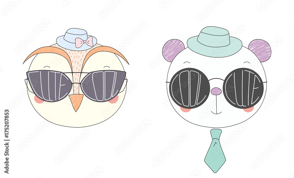 Hand drawn vector illustration of a funny owl and panda in hats and big ...