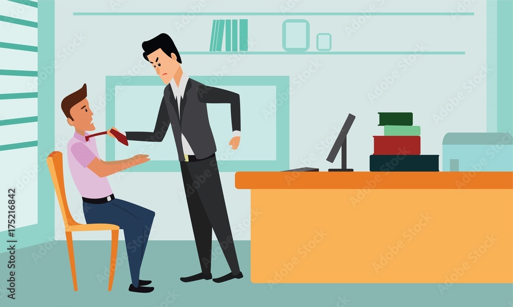 Businessman attacking his colleague, grabbing him by the tie and ...