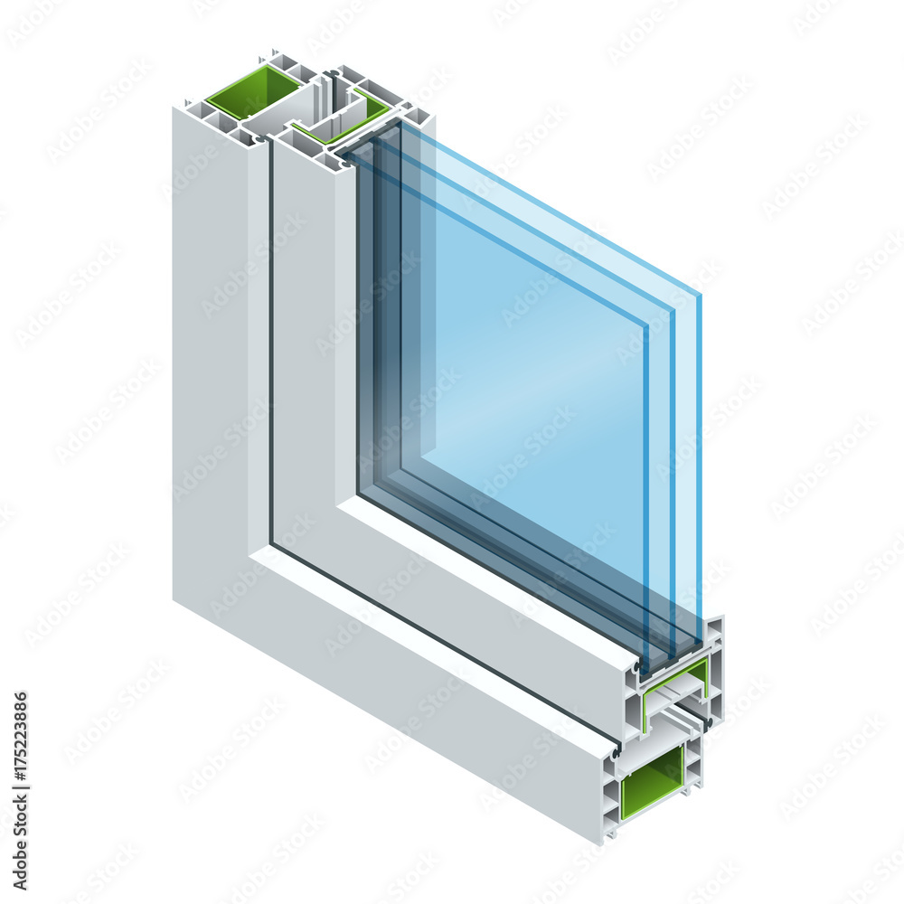 Isometric Cross-section diagram of a triple glazed window pane PVC ...
