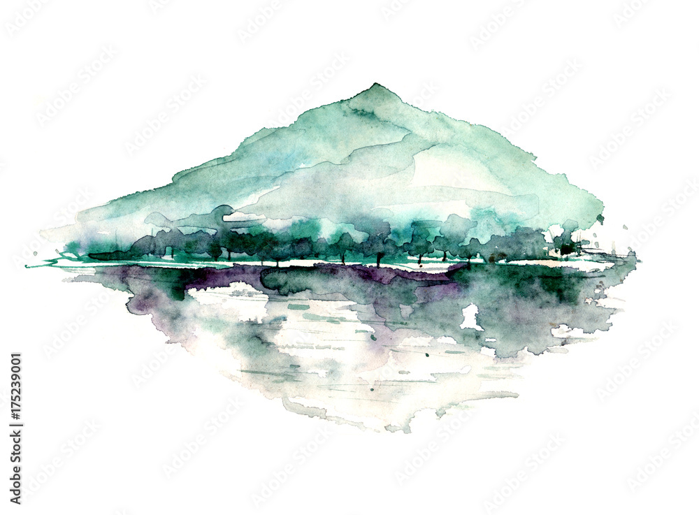 Watercolor drawing with a mountain landscape, a river, a forest and a ...