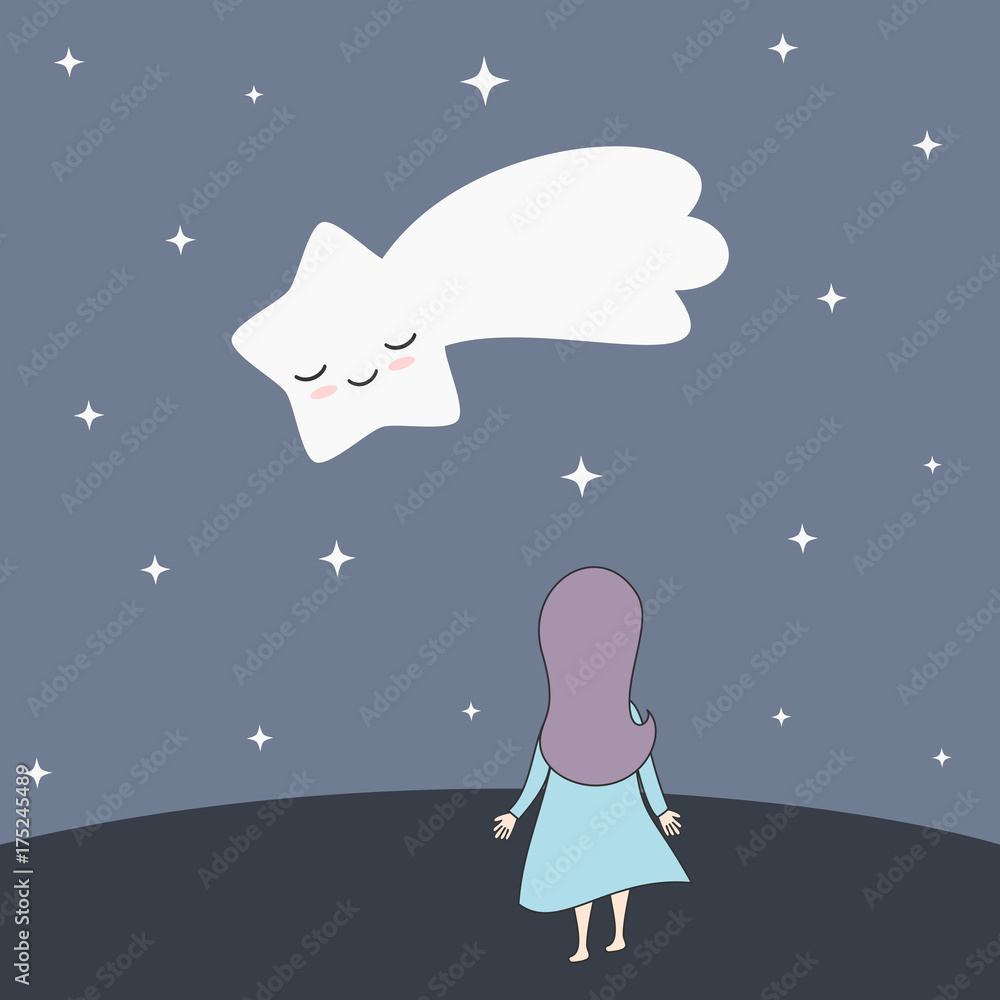 cute cartoon girl watching shooting star concept vector illustration ...