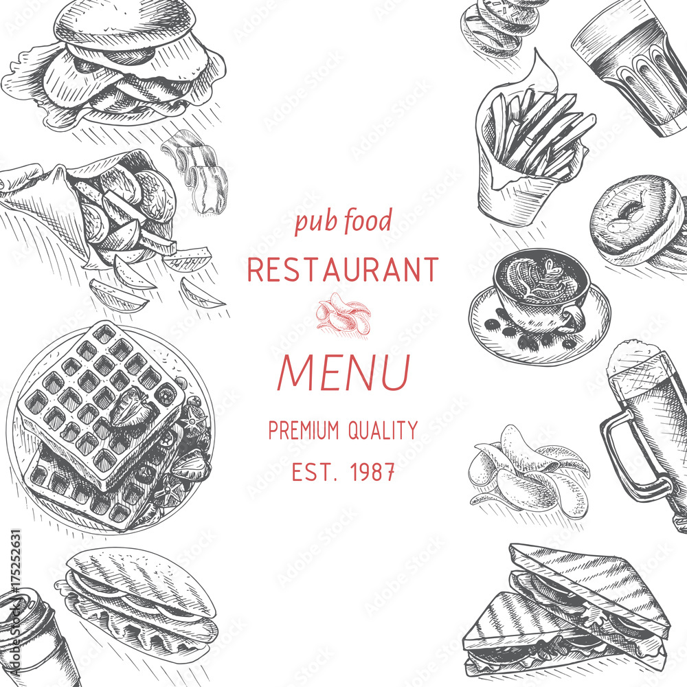 Vector sketch of fast food pub menu Stock Vector | Adobe Stock