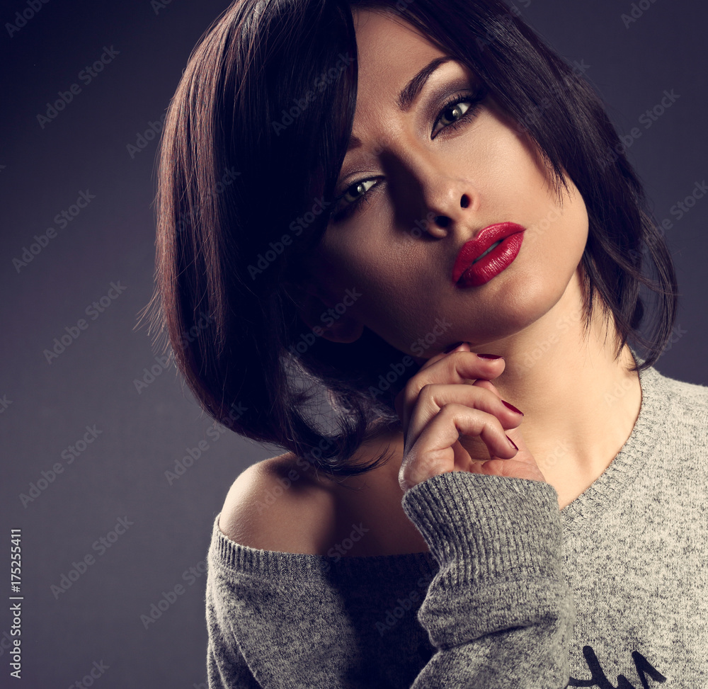 Sexy cocky emotion makeup woman with short bob hair style, red lipstick ...