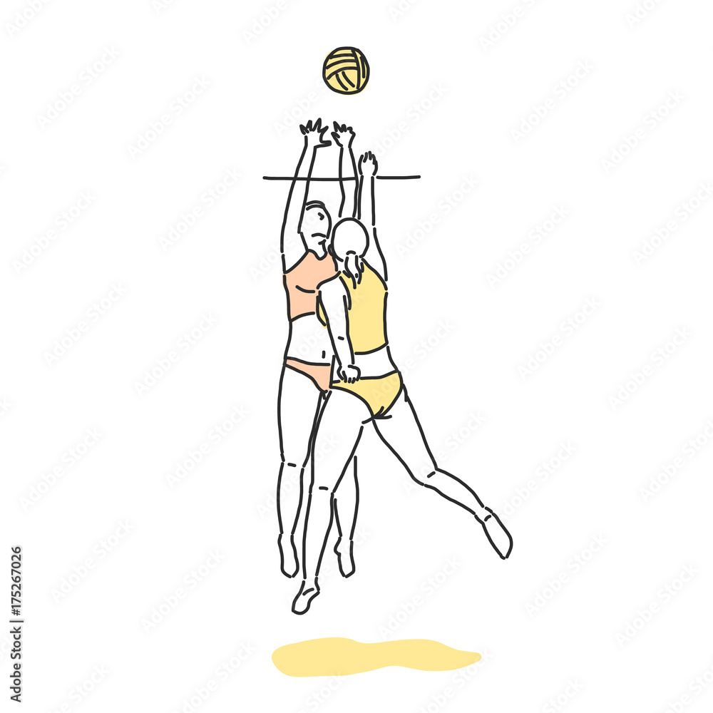 Beach volleyball line drawing illustration in various poses. Stock ...