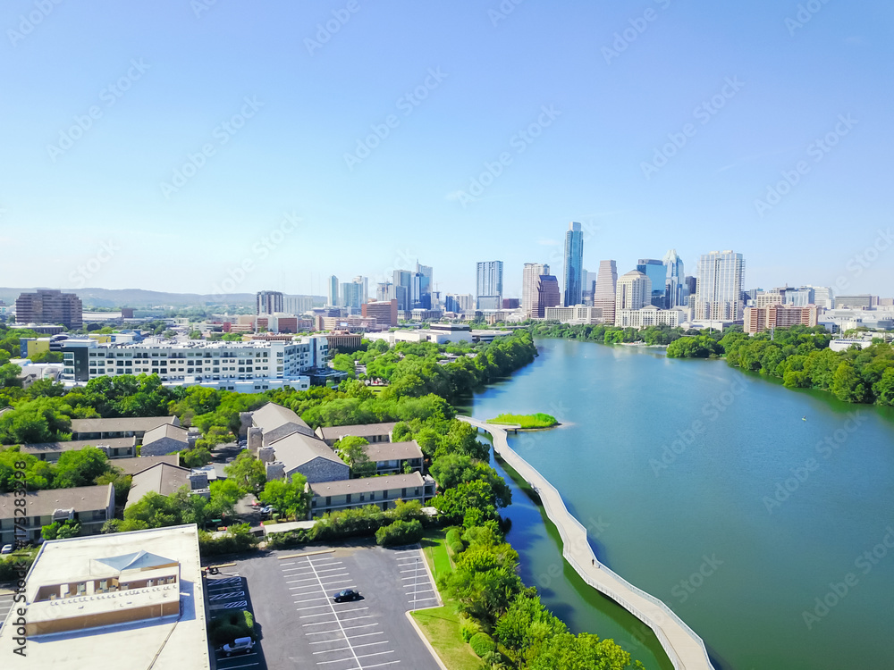 Aerial view Austin state capital of Texas, USA form Lady Bird Lake ...