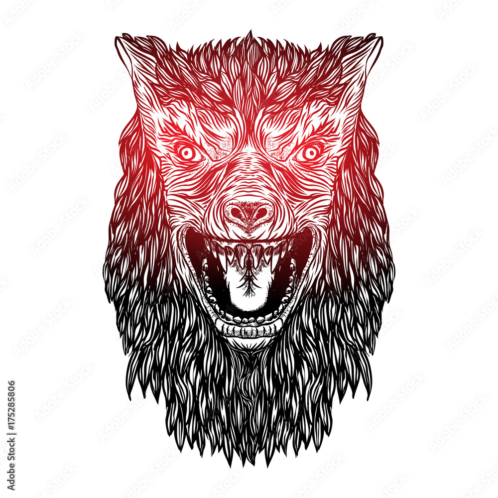 Ferocious wolf head. Angry front face of roaring werewolf. Tattoo flash ...
