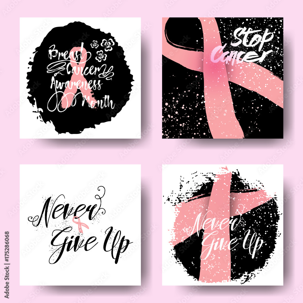 Set of pink ribbons symbols and cards for October breast cancer ...