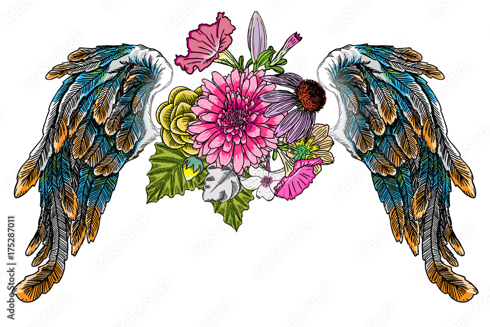 Ornate fashioned wings and elegant vintage flower bouquet, isolated ...