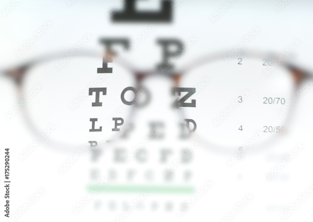 Eye vision test chart seen through eye glasses. Stock Photo | Adobe Stock