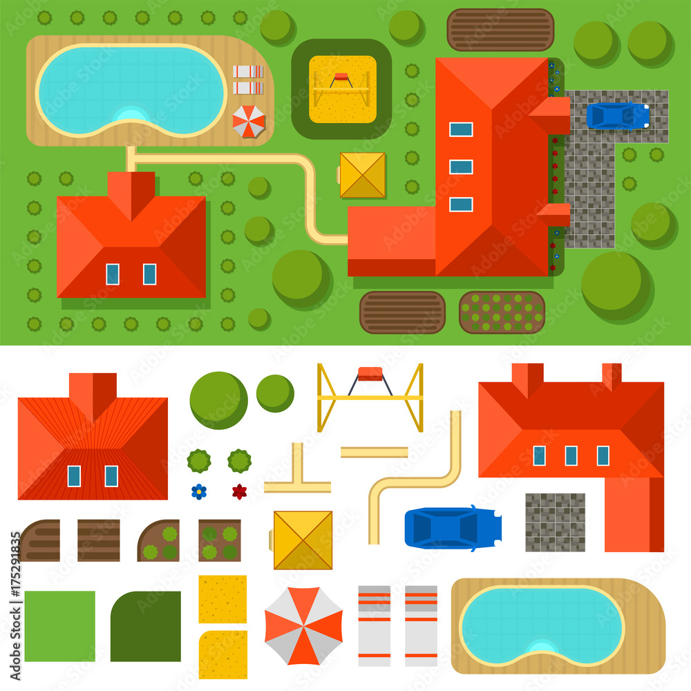 Plan of private house vector illustration top view of outdoor home ...