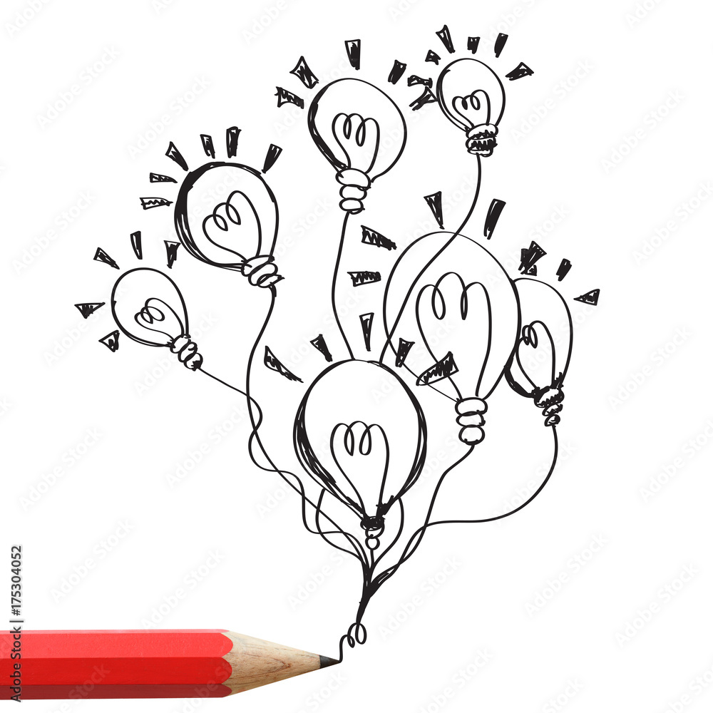 Red pencil drawing light bulbs isolated on white background Stock Photo ...