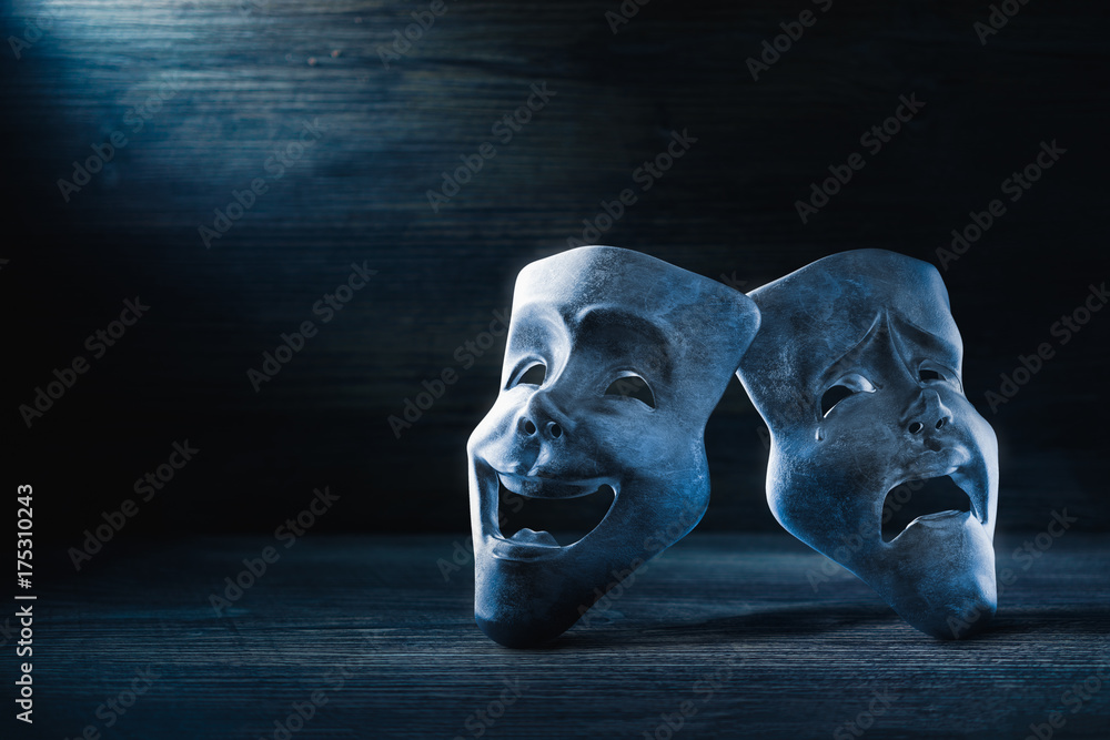 Theater masks on a dark background / 3D Rendering Stock-Illustration ...