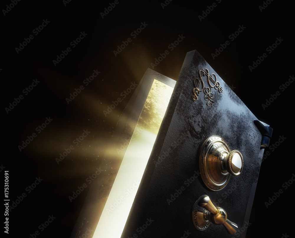 Open safe box with light rays and dramatic lighting / 3D Rendering ...