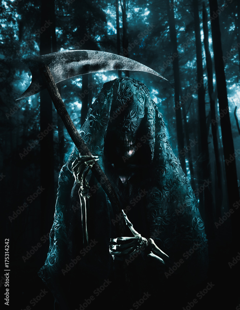 grim reaper lurking in the woods / high contrast image Stock Photo ...