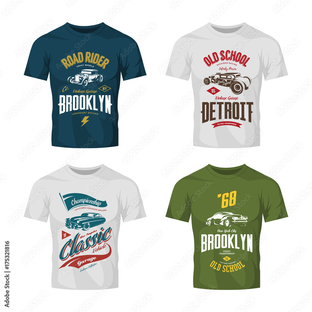 Vintage custom hot rod and classic car vector logo t-shirt mock up set ...