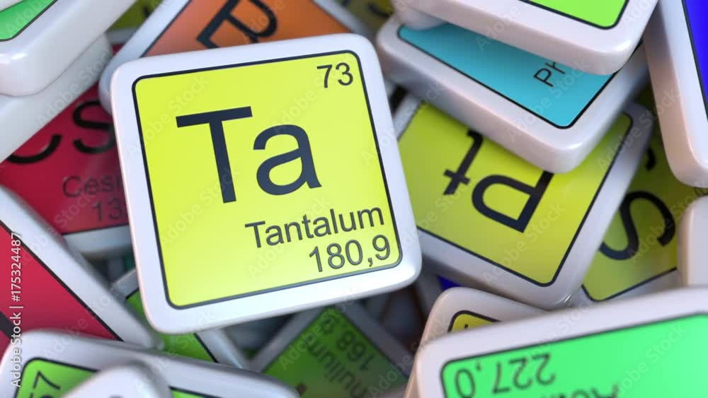 Tantalum Ta block on the pile of periodic table of the chemical ...
