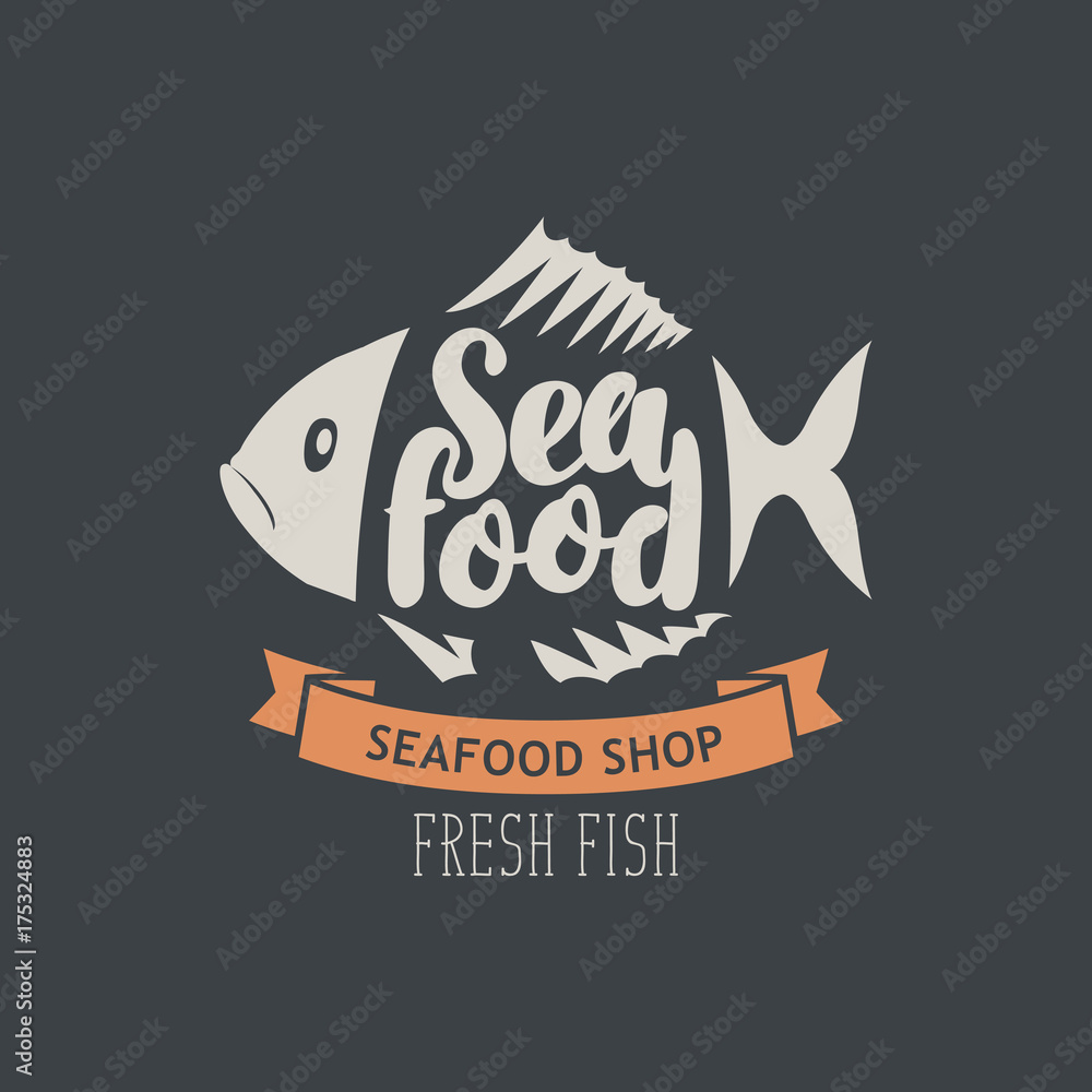 Vector emblem or banner for seafood shop with decorative fish ...
