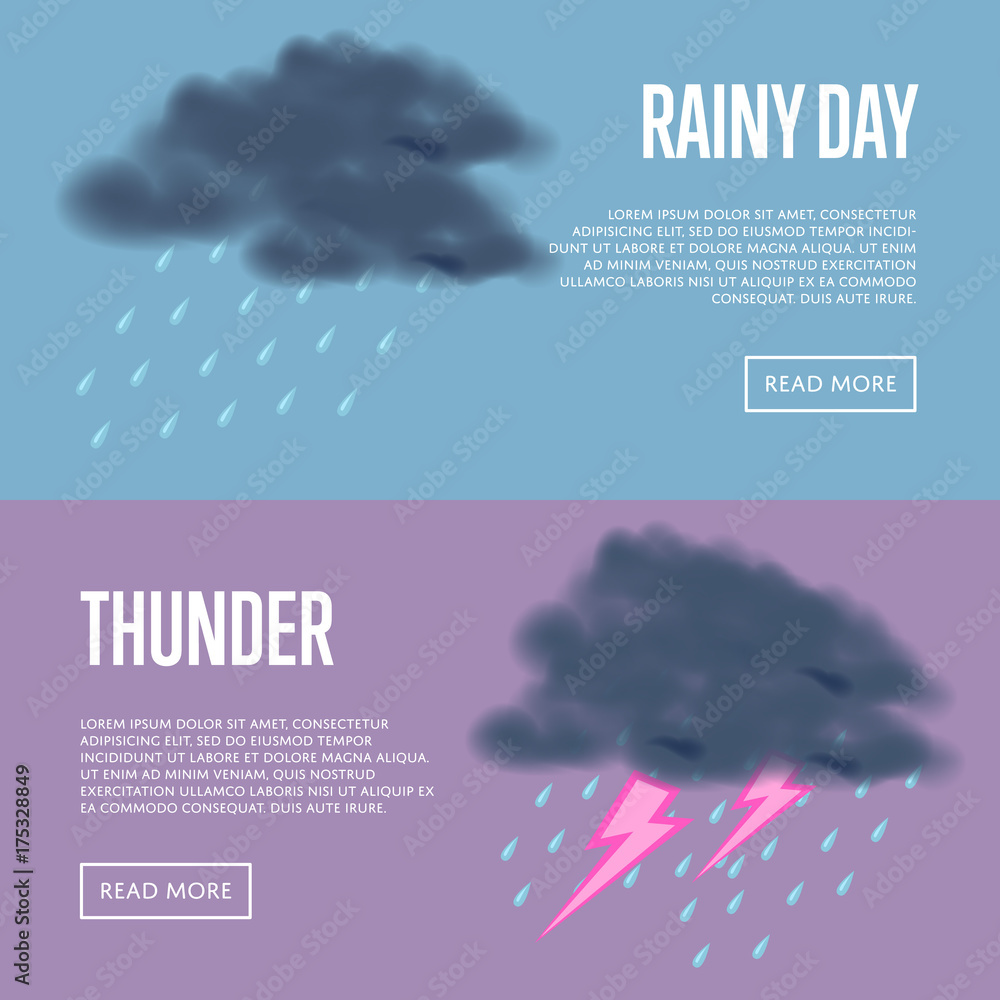 Rainy day and thunder with lightning banners. Natural disaster ...