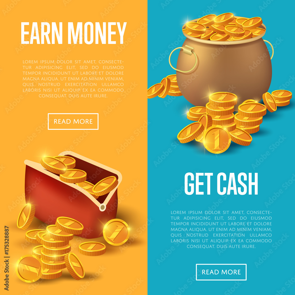 Earn money and get cash posters. Golden coins in old bronze pot and ...