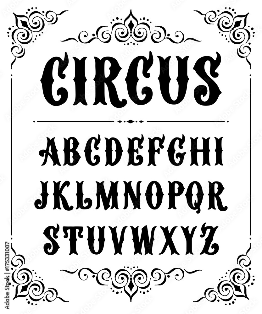 Vintage Circus label font for design in vintage style. Vector typeface ...