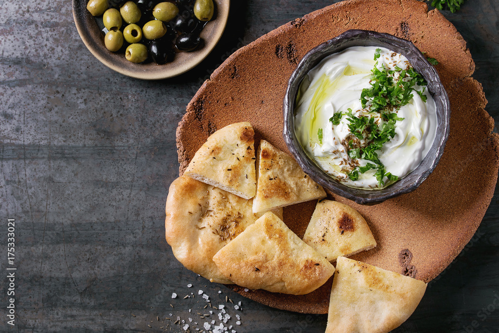 labneh middle eastern lebanese cream cheese dip with olive oil, salt ...