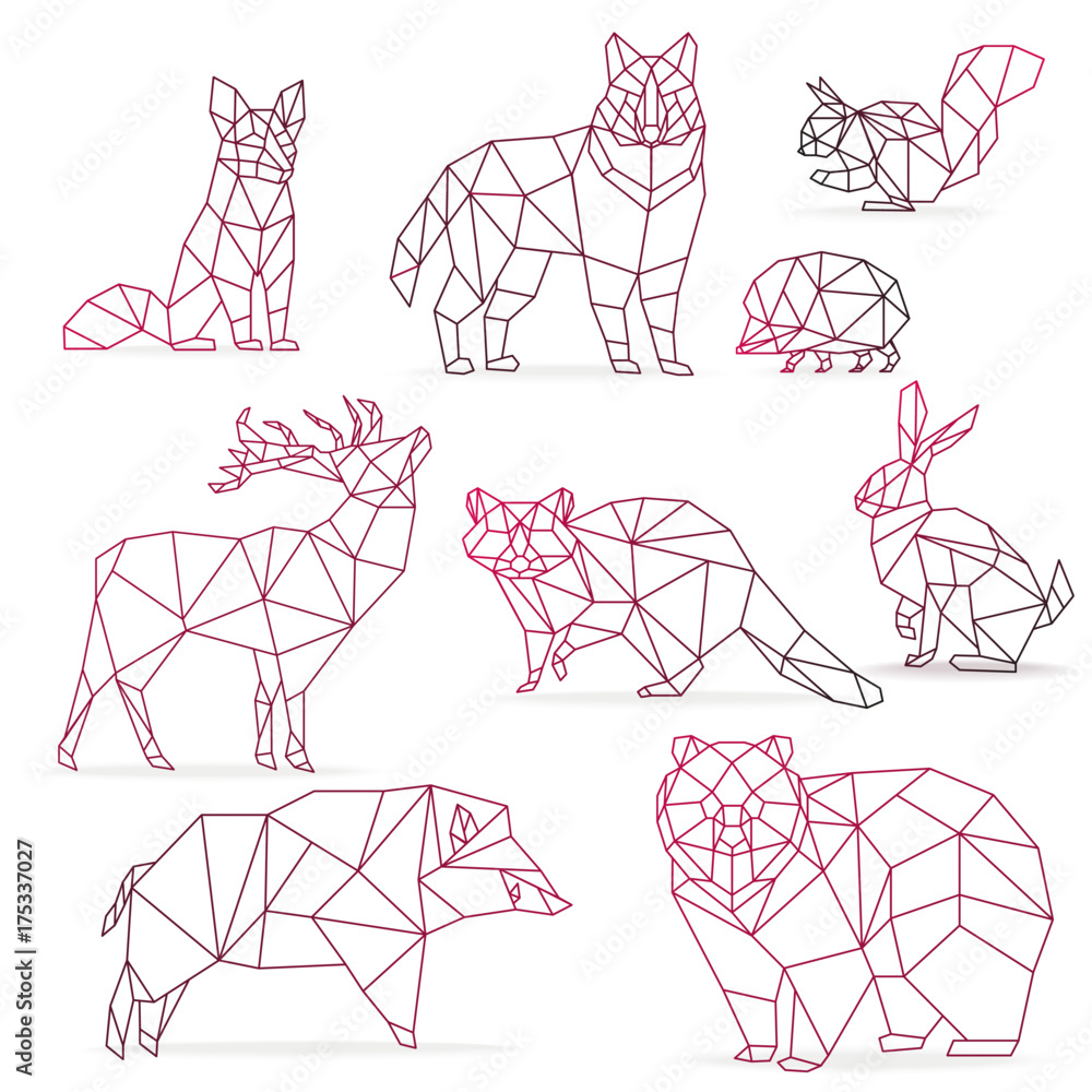 Low poly color gradient line animals set. Origami poligonal line ...