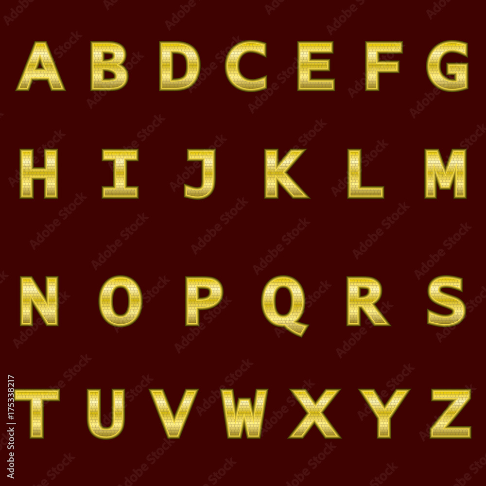 A complete set of gold 3D letters with a grid relief. The edges of the ...