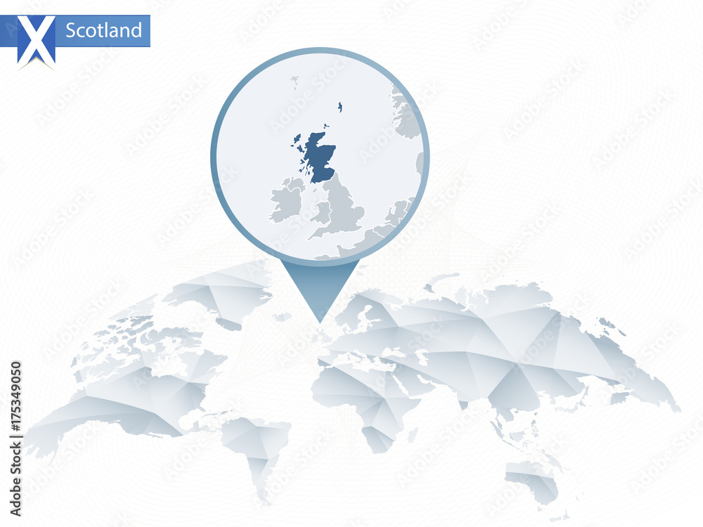 Abstract rounded World Map with pinned detailed Scotland map. Stock ...