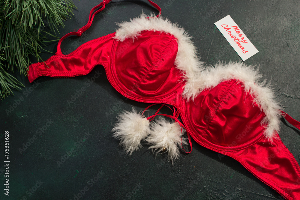Festive backdrop of Christmas mascot costume. Top view holiday red ...