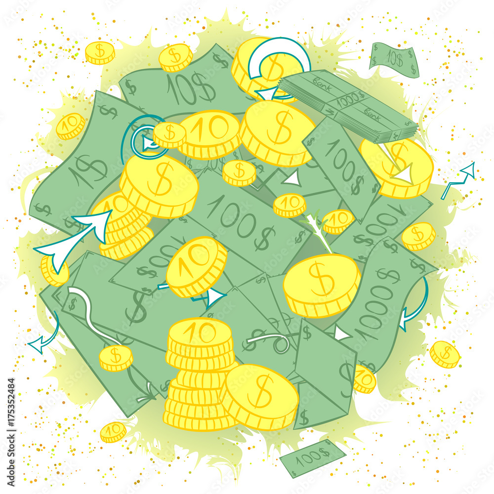Hand Drawn Banknotes and Coins. Doodle Drawings of Cash Arranged in a ...