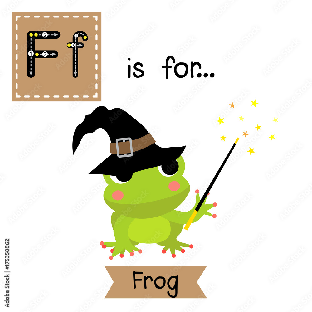 Cute children ABC alphabet F letter tracing flashcard of Frog with ...