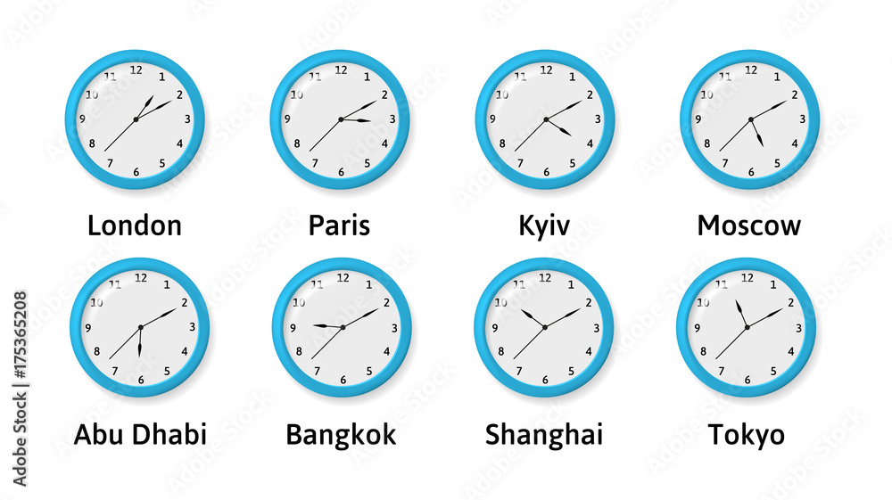Time Zone Wall Clocks Illustration. International time. Clocks ...