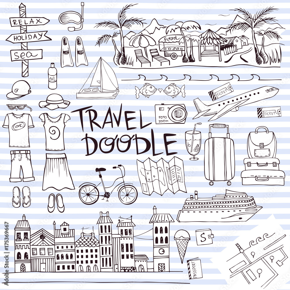 hand drawn illustration of travel activity, design for poster, tourist ...