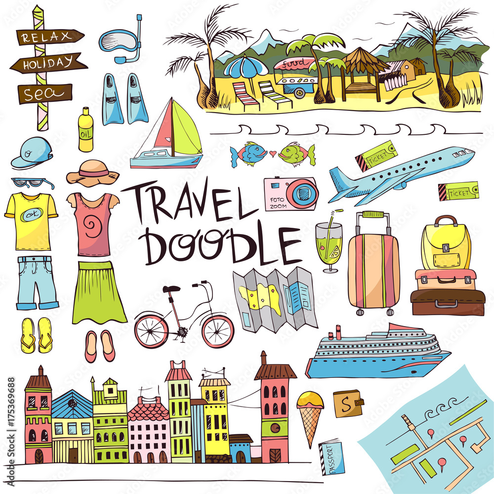 hand drawn travel objects for design, travel doodles and lettering ...