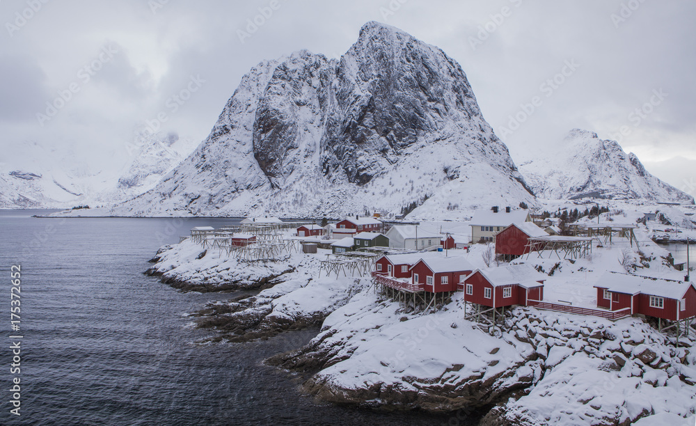 Fishing village of Hamnøya, Moskenes commune, Lofoten, Norway. Northern ...