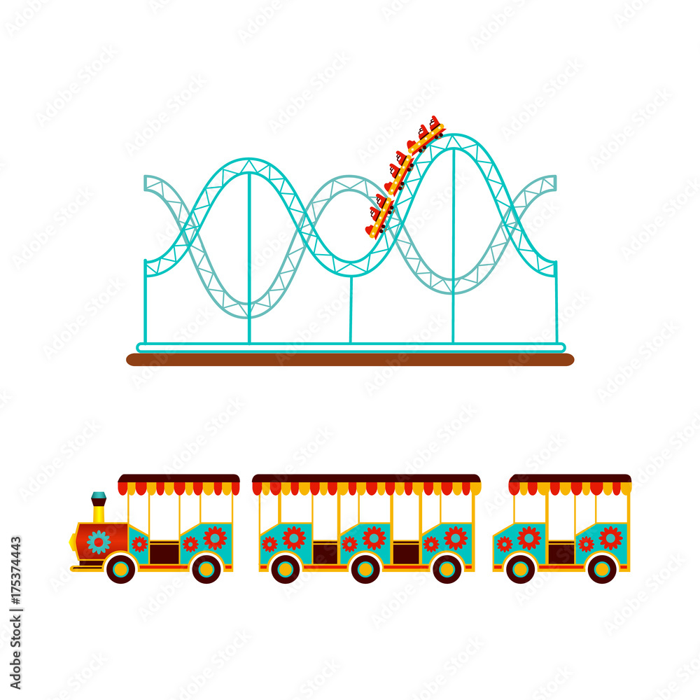 Roller coaster, rollercoaster and train ride in amusement park, flat ...