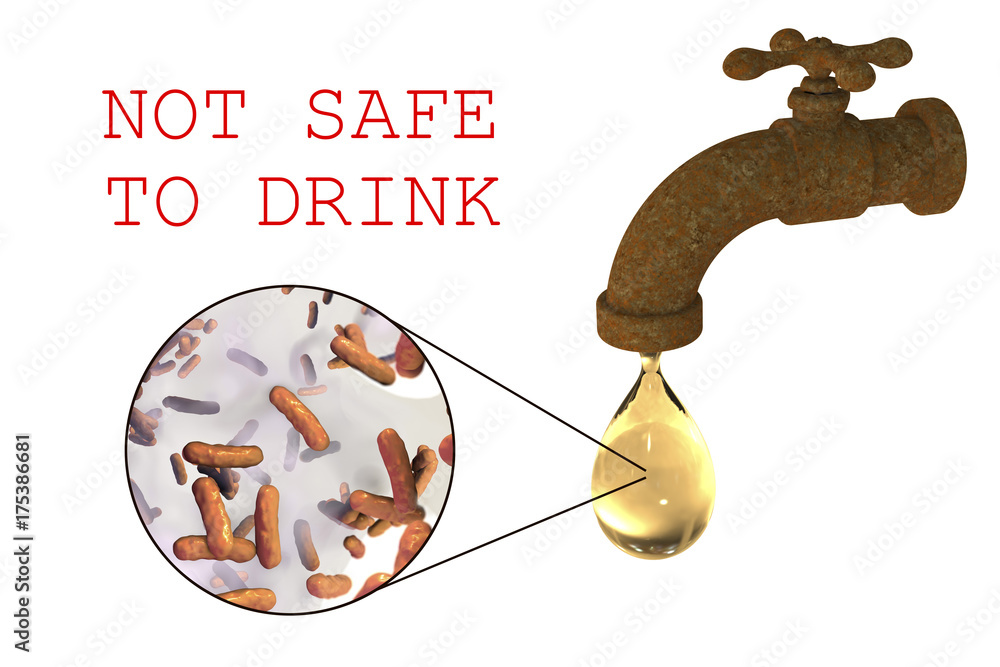 Safety of drinking water concept, 3D illustration showing old tap with ...