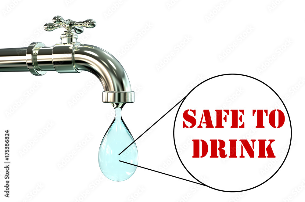 Safety of drinking water concept, 3D illustration showing tap with ...
