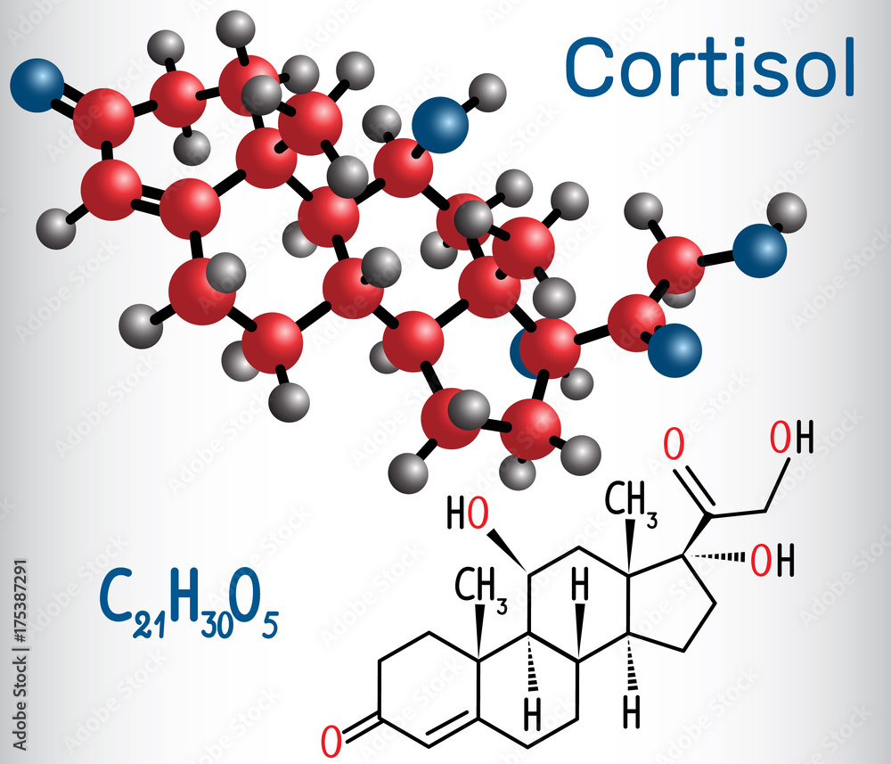Cortisol (stress hormone) - structural chemical formula and molecule ...
