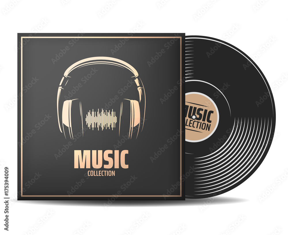 Realistic vinyl record with cover mockup. typography with headphones ...