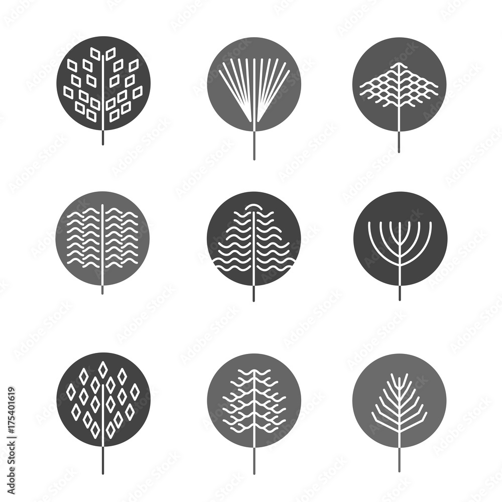 Set of graphical line trees and leaves, signs, logos and symbols. Stock ...