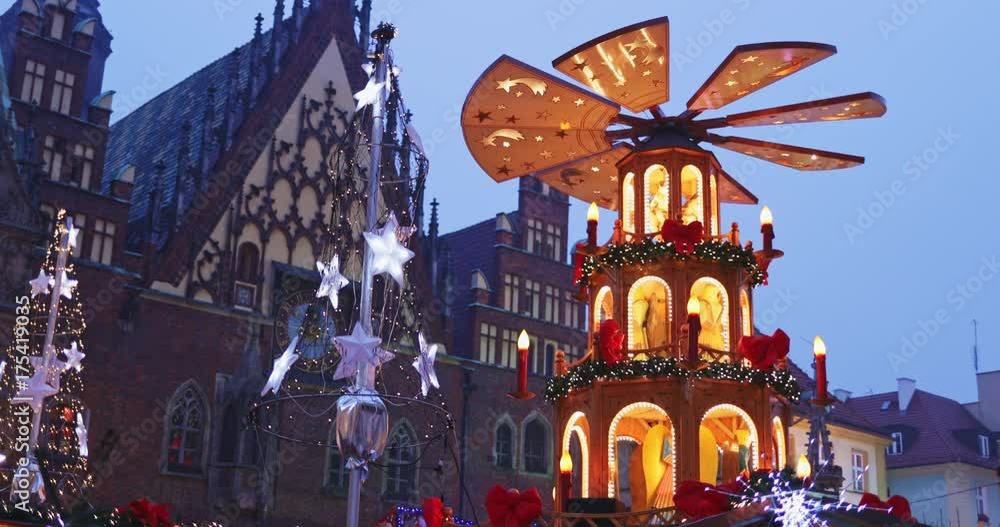 European Christmas Market Scene. 4K. Traditional pyramid birth of ...