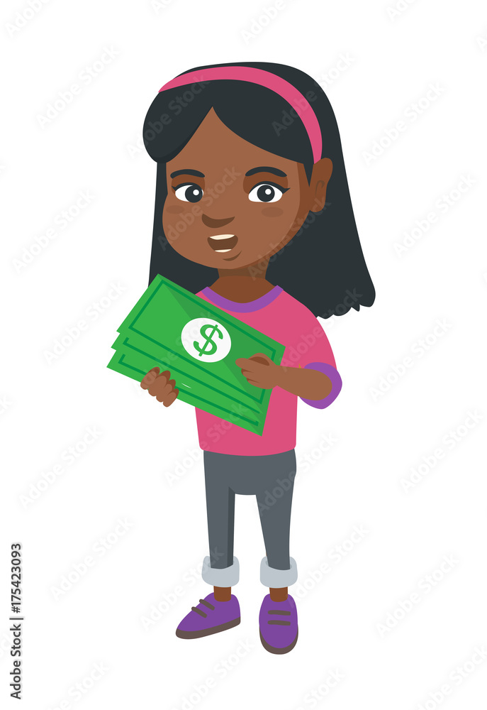 African-american girl holding money in hands. Full length of smiling ...
