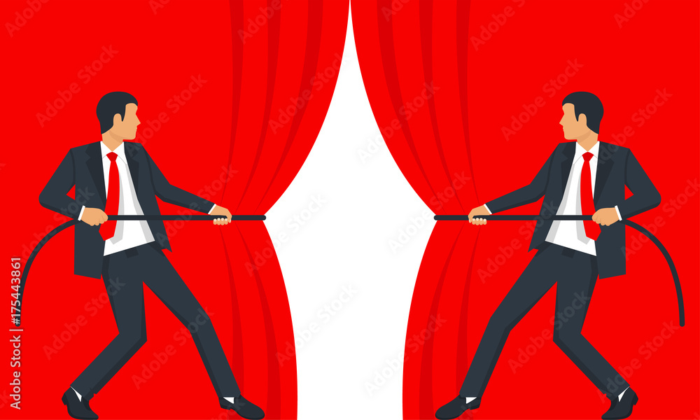 Open curtain. Businessman hands pull rope red velvet silk fabric. Grand ...
