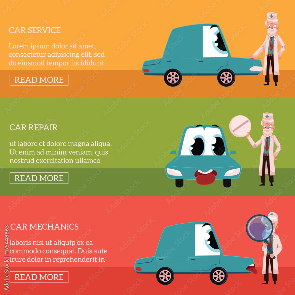 Three horizontal banners with doctor helping funny car character ...