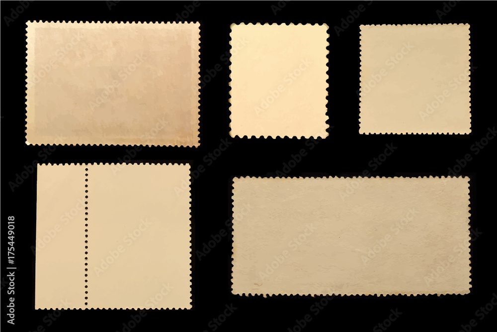 Set of old grunge blank posted stamps isolated on black background ...