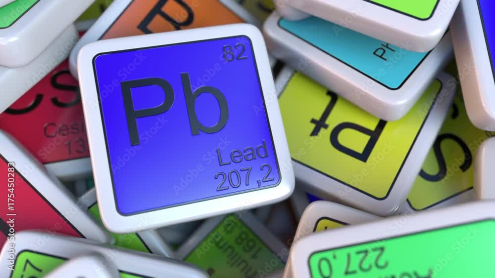 Lead Pb block on the pile of periodic table of the chemical elements ...
