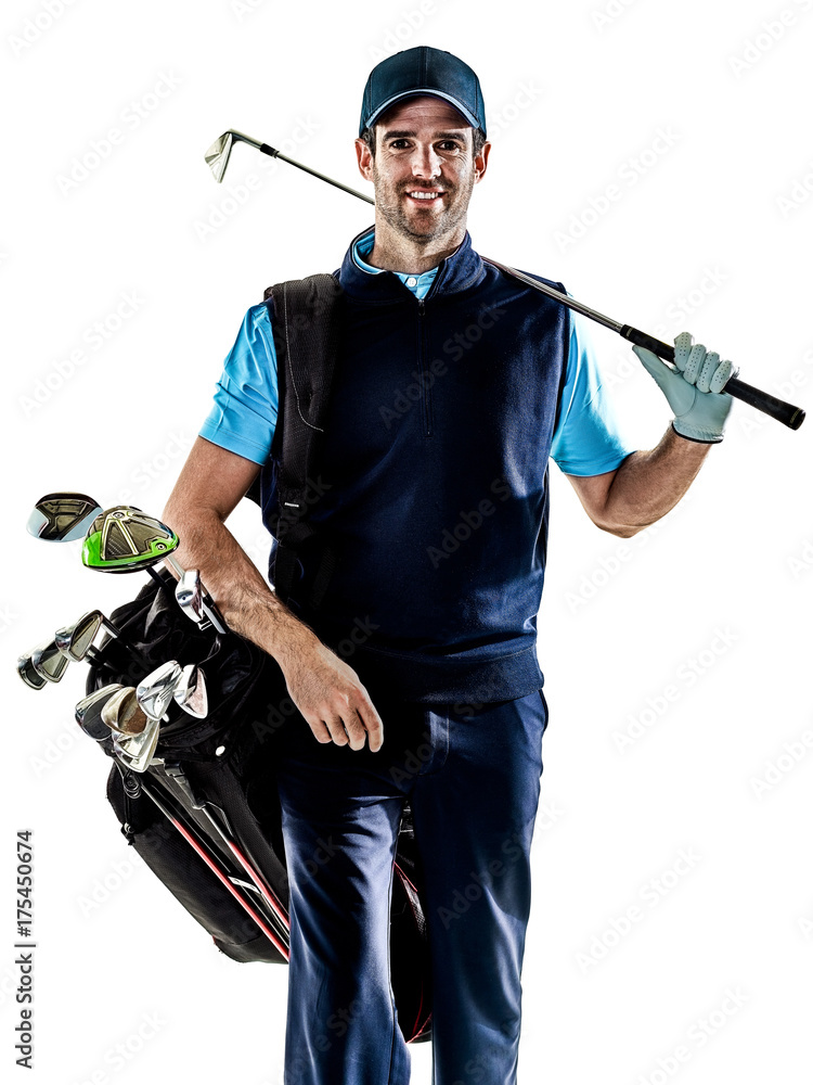 one caucasian man golfer golfing in studio isolated on white background ...