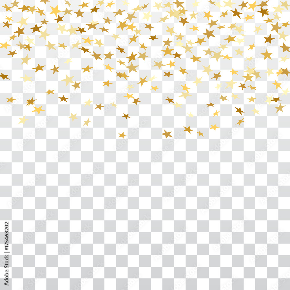 Gold stars falling confetti isolated on white transparent background. Golden explosion confetti ...